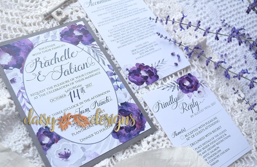 Purple Silver Floral Wedding Invitations by Daisy Designs
