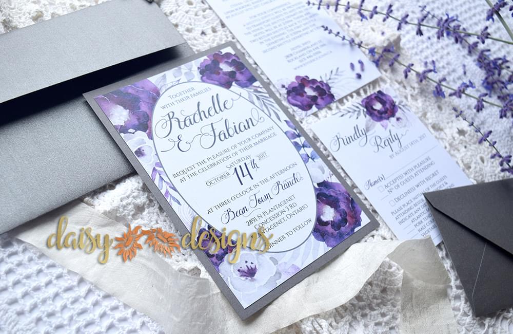 Purple Silver Floral Wedding Invitations by Daisy Designs