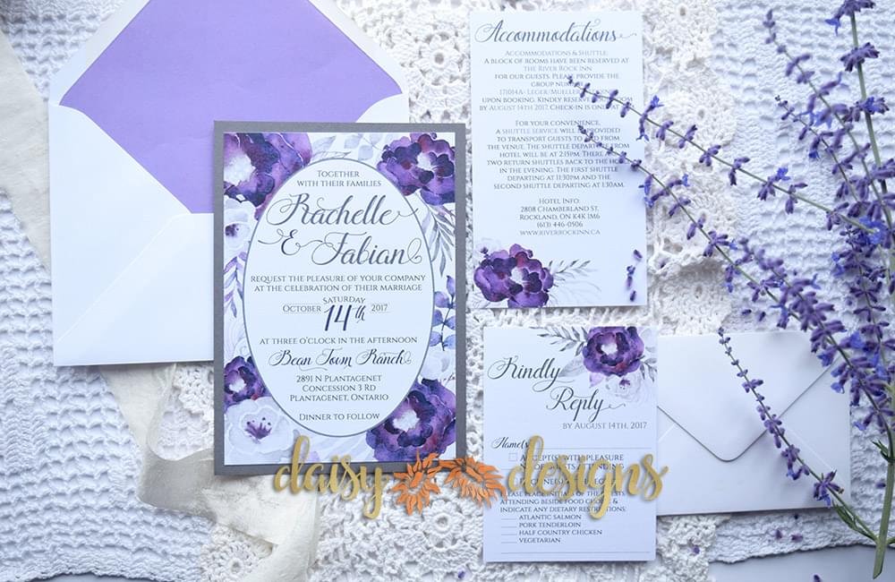 Purple Silver Floral Wedding Invitations by Daisy Designs