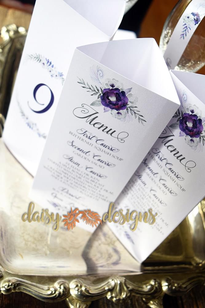 Purple Silver Floral Wedding Invitations by Daisy Designs