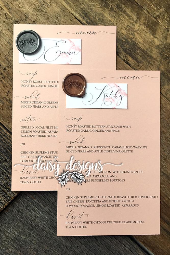 Grey Feather Wedding Menus by Daisy Designs of Ottawa
