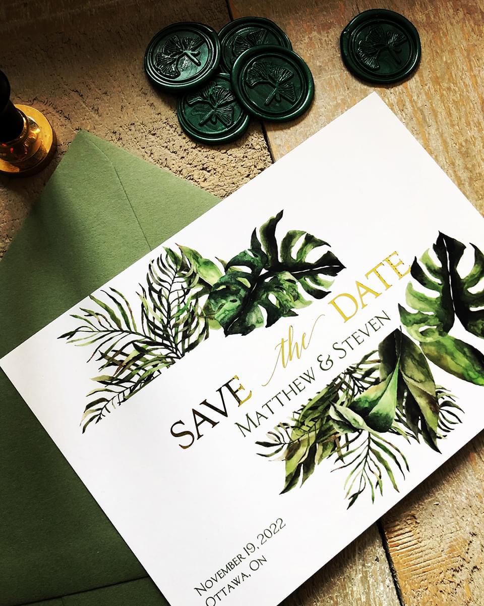Tropical Utopia Save-the-date cards by Daisy Designs of Ottawa